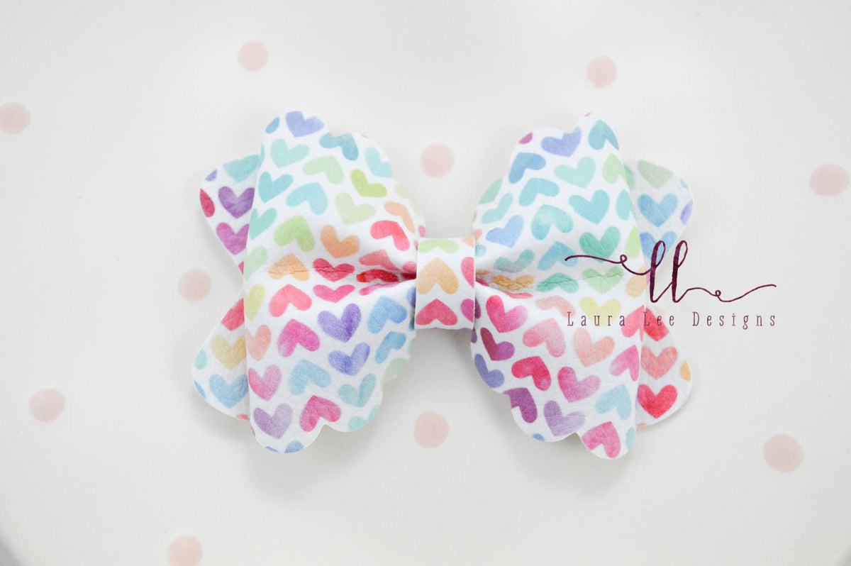 Margo Style Bow || Watercolor Rainbow Hearts Vegan Leather || CLIP ONL ...