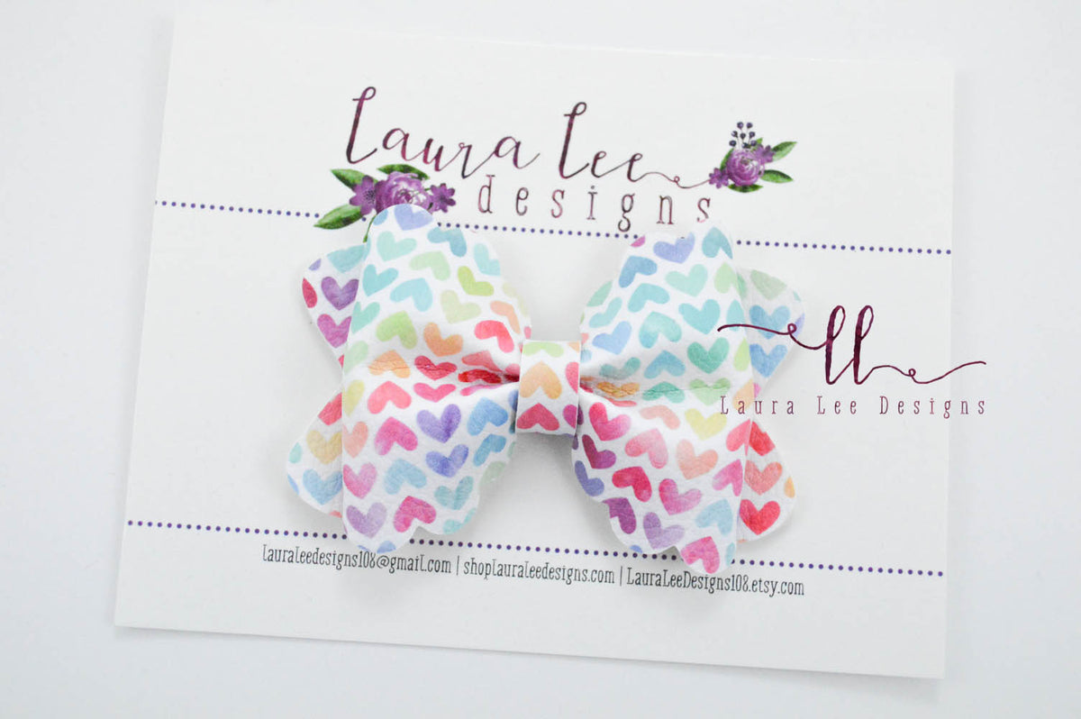Margo Style Bow || Watercolor Rainbow Hearts Vegan Leather || CLIP ONL ...