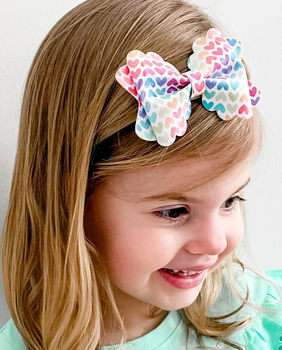 Margo Style Bow || Watercolor Rainbow Hearts Vegan Leather || CLIP ONL ...